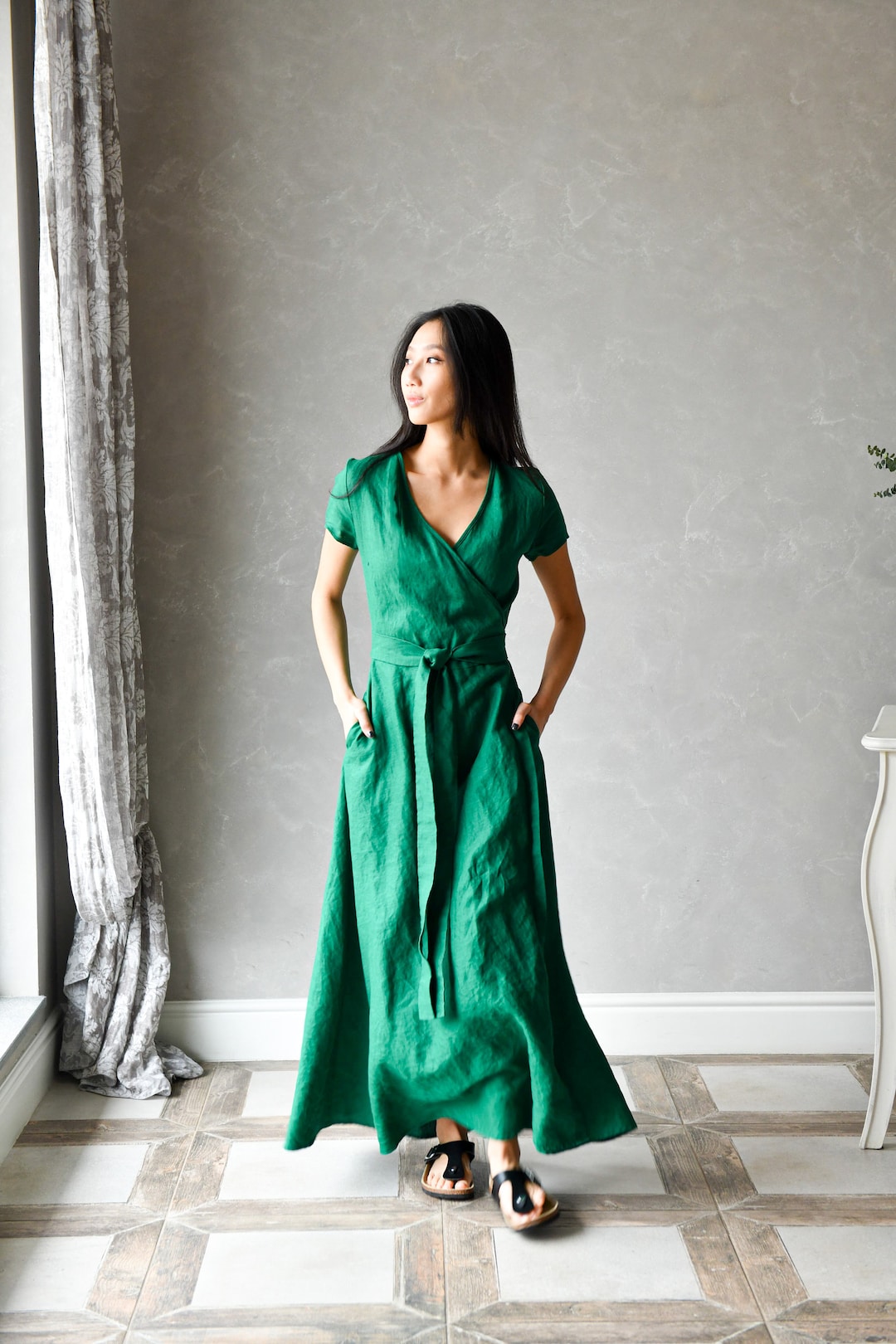 Long Linen Wrap Dress, Linen Caftan Dress, Emerald Green Linen Dress ...