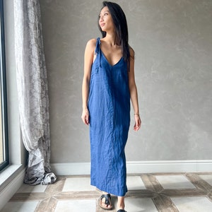 Linen Blue Slip Dress, Linen Pinafore Dress, Long Sleeveless Dress ...