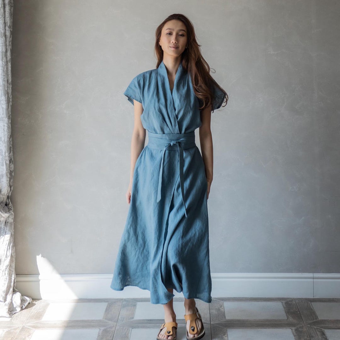 Wrap Linen Summer Dress, Linen Japanese Dress, Blue Linen Dress, Kimono ...