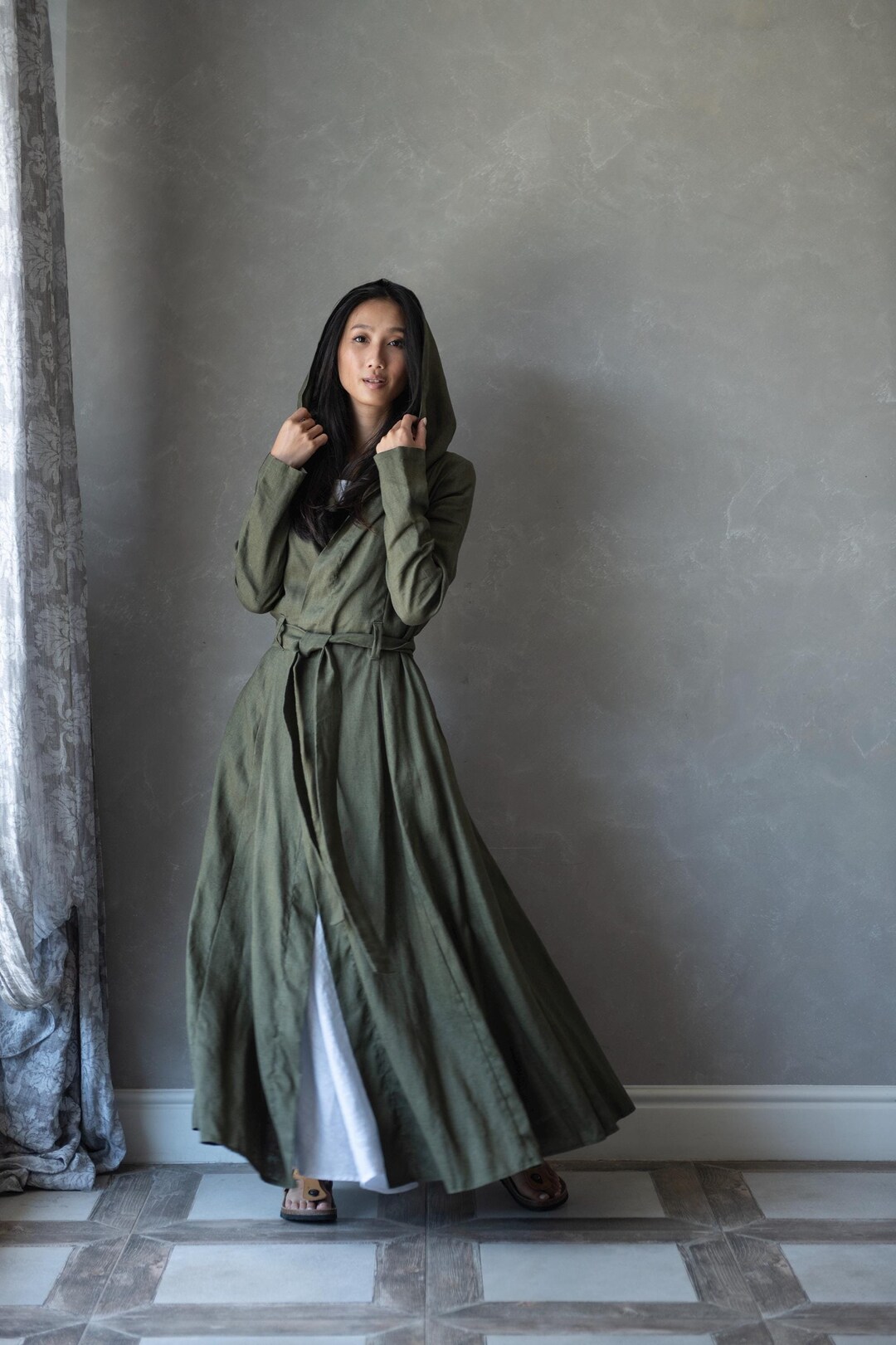 Hooded Linen Jacket Women, Green Linen Cloak, Maxi Linen Coat, Long ...
