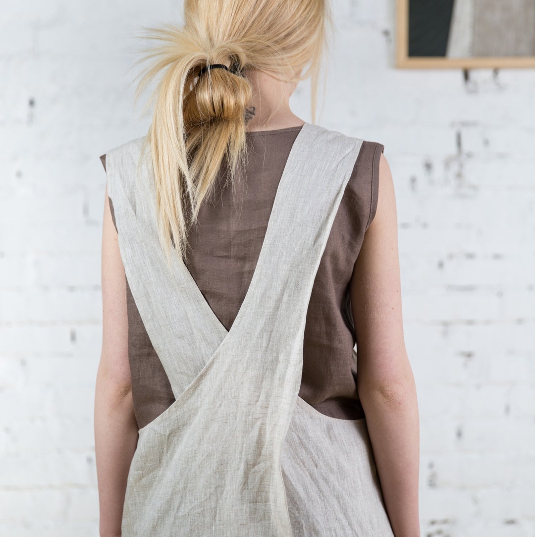 Cross Back Apron With Pockets/ Plus Size Linen Pinafore Apron / Criss ...
