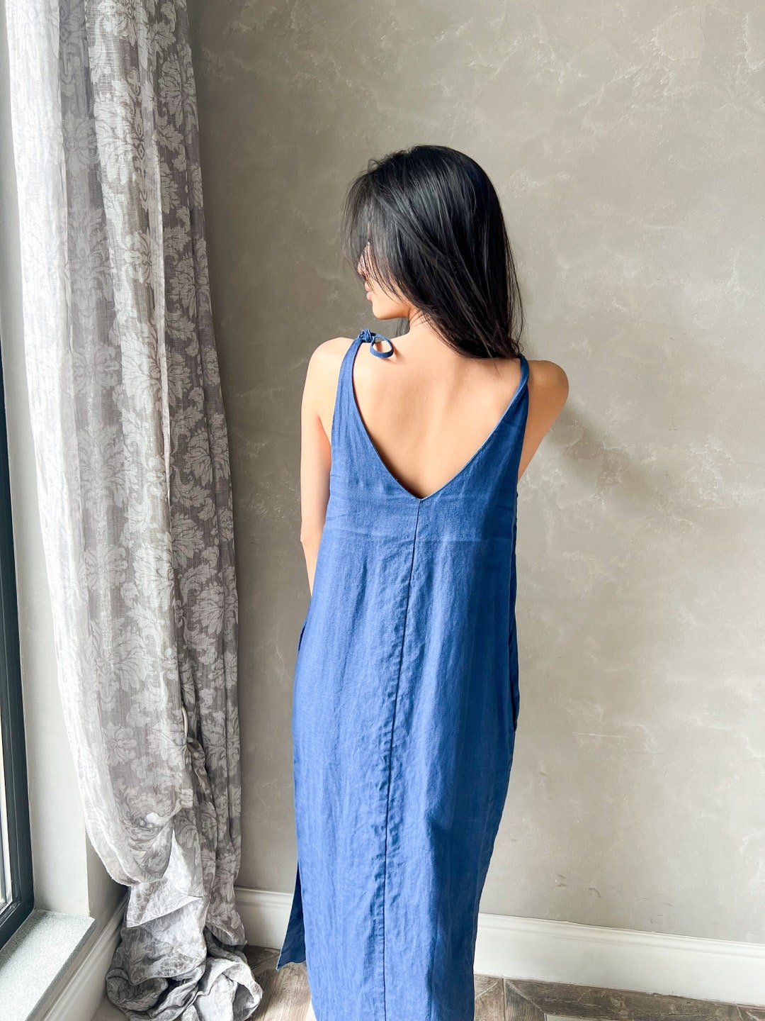 Linen Blue Slip Dress, Linen Pinafore Dress, Long Sleeveless Dress ...