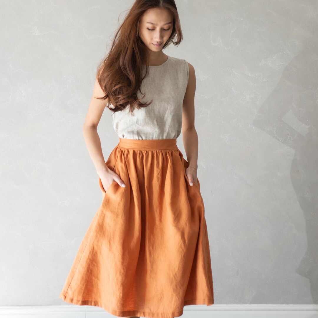 Summer Linen Skirt, Linen Midi Skirt, Linen Boho Skirt, Elastic Waist ...