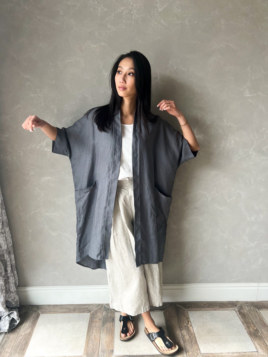 Linen Jacket Women, Oversized Linen Cloak, Plus Size Linen Kimono, Dark ...