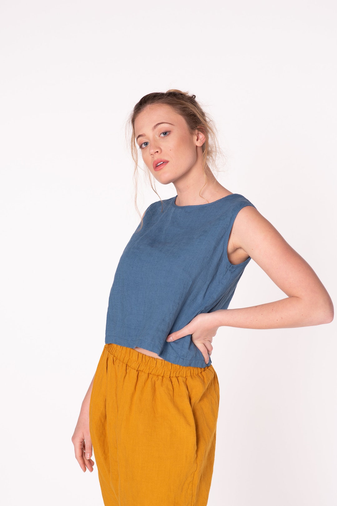 Linen Crop Top LISA / Blue Linen Tank / Handmade Clothing - Etsy