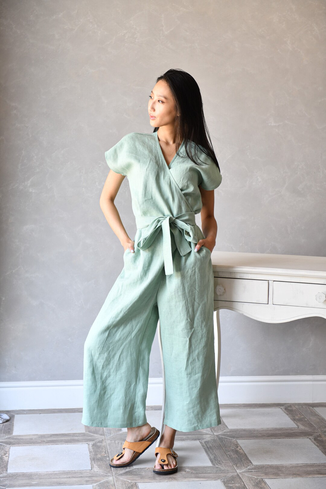 Linen Jumpsuit Women, Linen Overalls Women, Wrap Wide Leg Jumpsuit ...