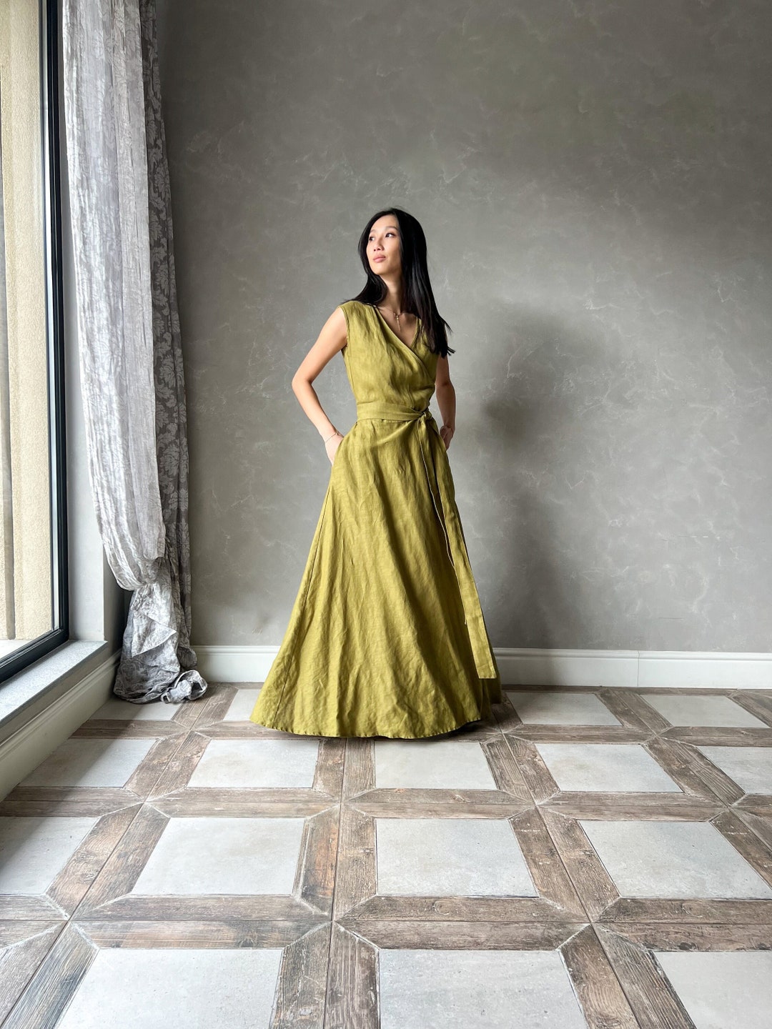 Linen Kaftan Dress, Long Linen Wrap Dress, Sleeveless Maxi Dress ...