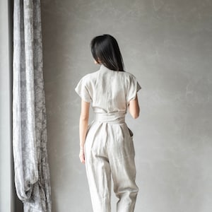 Wrap Linen Jumpsuit, Boho Linen Overalls, Casual Linen Harem Jumpsuit ...