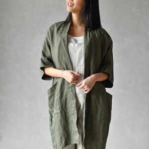 Long Linen Jacket, Linen Green Cloak, Maxi Linen Coat, Summer Beachwear ...