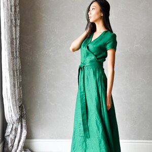 Long Linen Wrap Dress, Linen Caftan Dress, Emerald Green Linen Dress ...