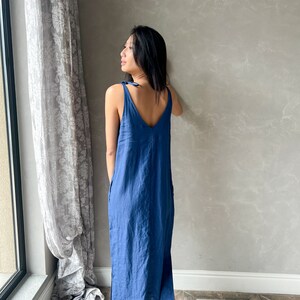 Linen Blue Slip Dress, Linen Pinafore Dress, Long Sleeveless Dress ...