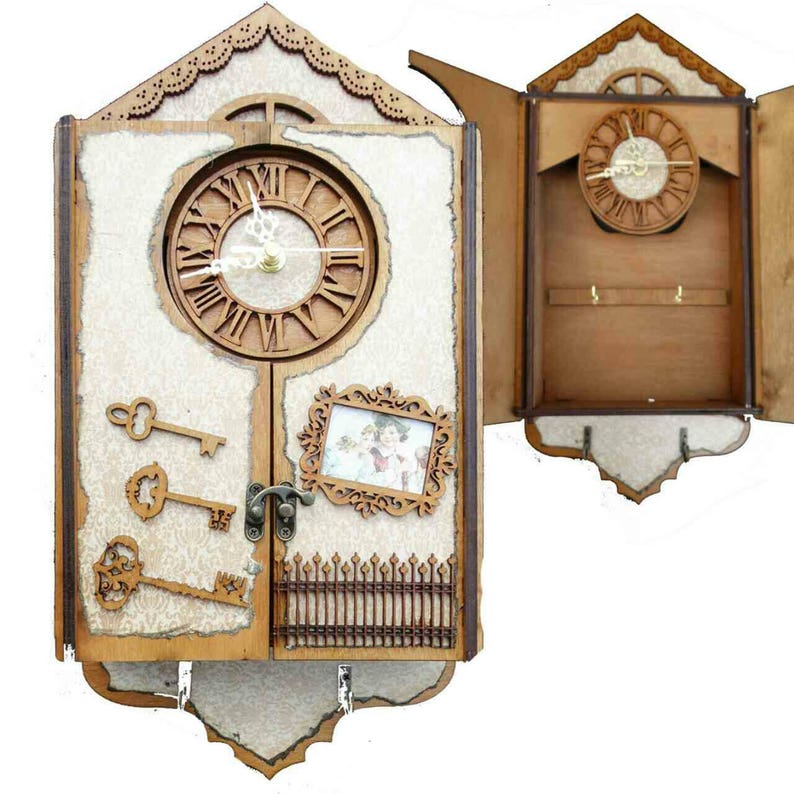 Wooden Key Box "3d Watches" - Vintage Style Key Cabinet With Clock ...