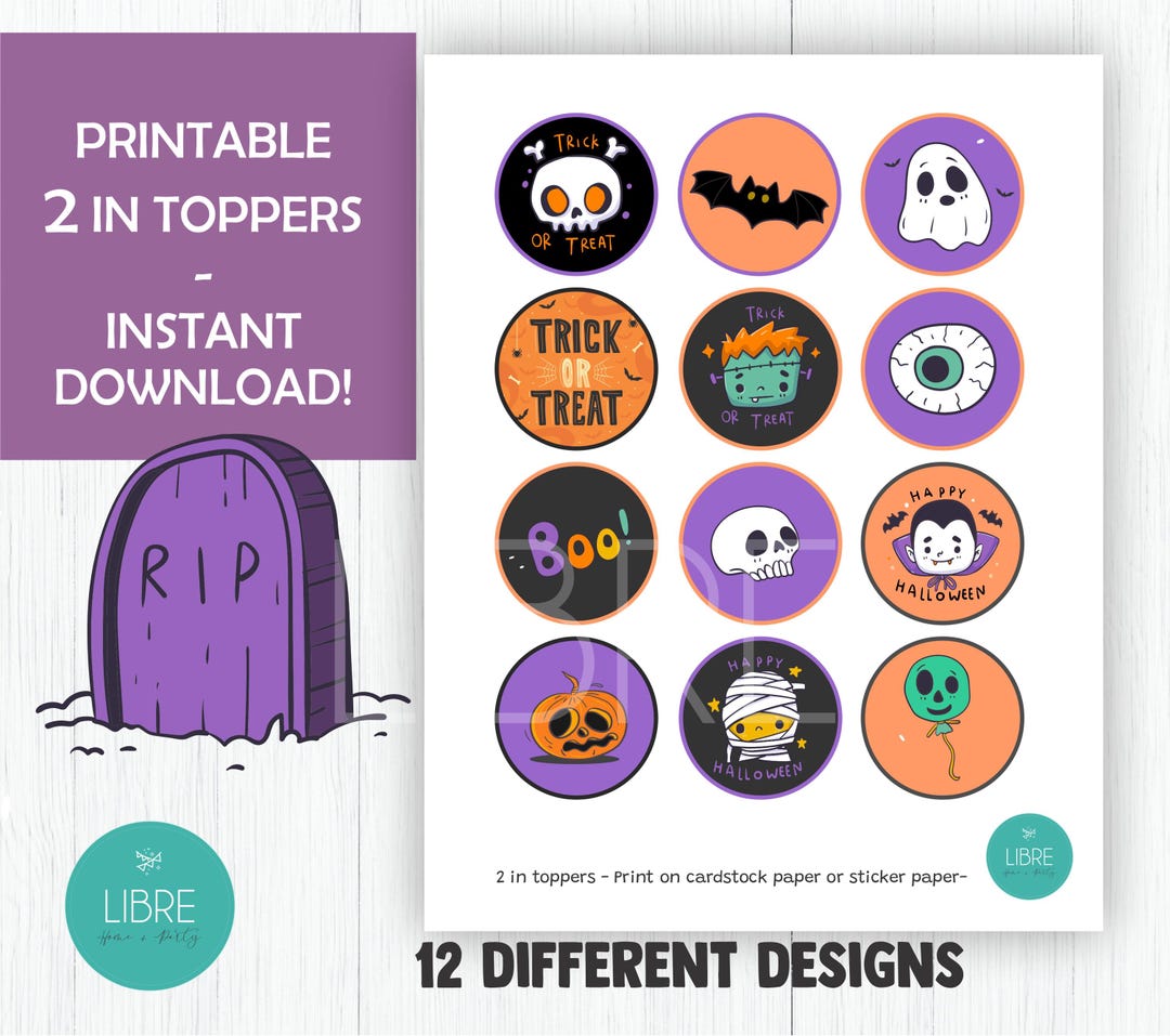 Printable Halloween Cupcake Toppers: Spooky 2-inch Circle Designs (PDF ...
