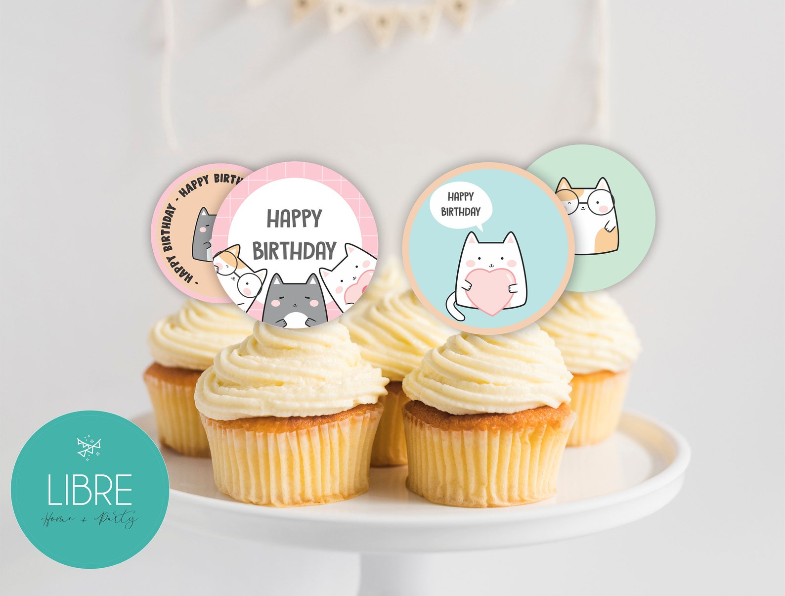 Kawaii Kitty Cat Birthday Cupcake Toppers (digital File) - Etsy
