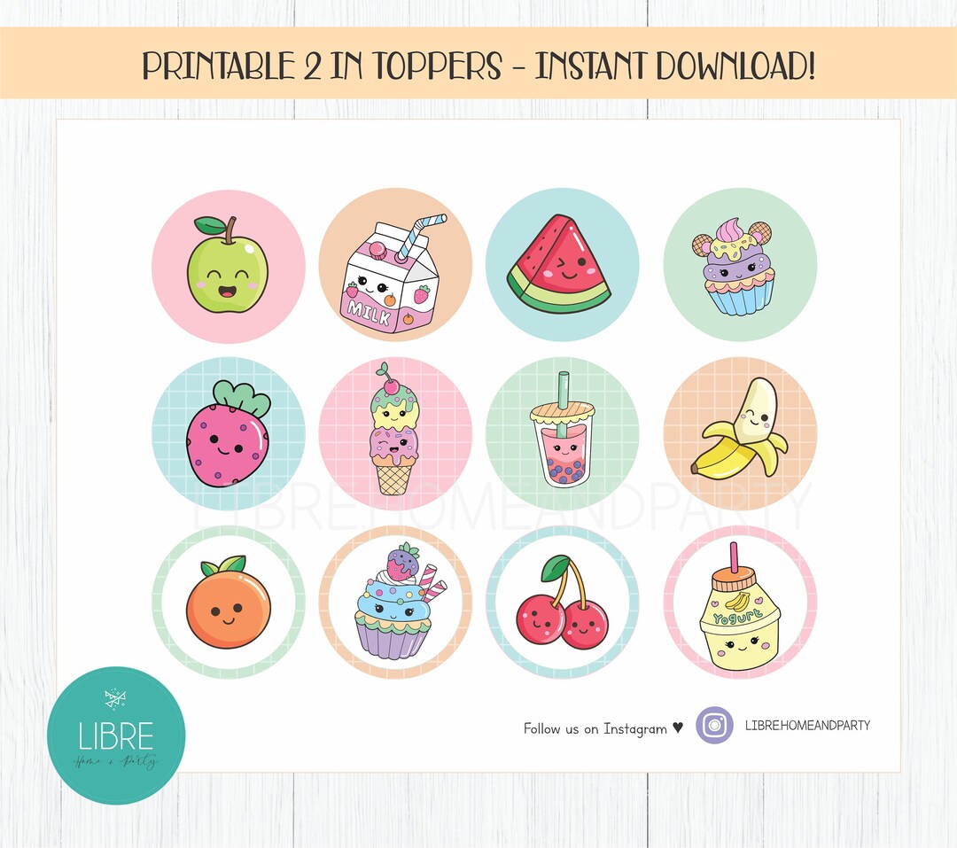Printable Kawaii Food Fruits 2 in Toppera | Digital File| Cute Birthday ...