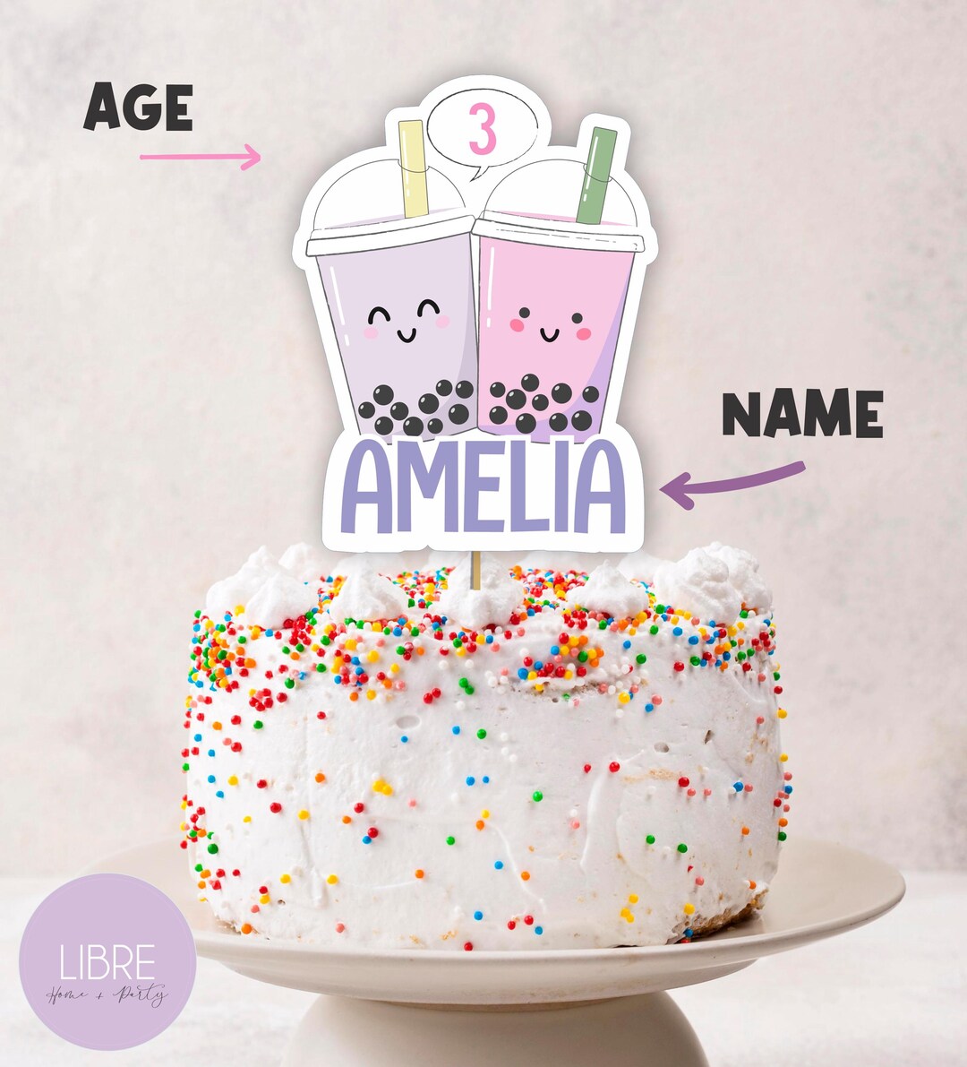 Boba Tea Birthday Printable Cake Topper , Par-tea Cake Decor, Tea Party ...