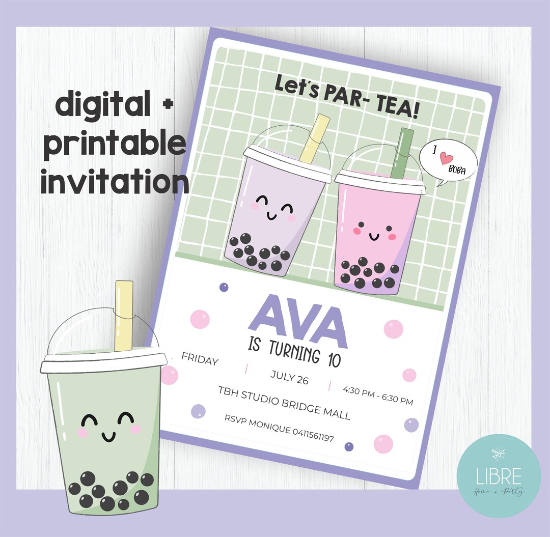 Boba Tea Birthday Printable and Digital Invitation , Par-tea Invitation ...