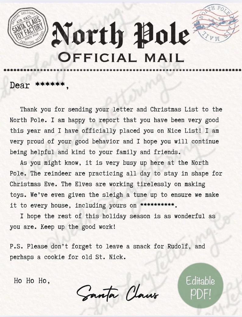 Editable Letter From Santa, Digital Print, Custom Letter From Santa ...