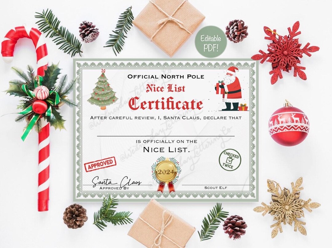 Editable Nice List Certificate From Santa, Printable Custom Letter From ...