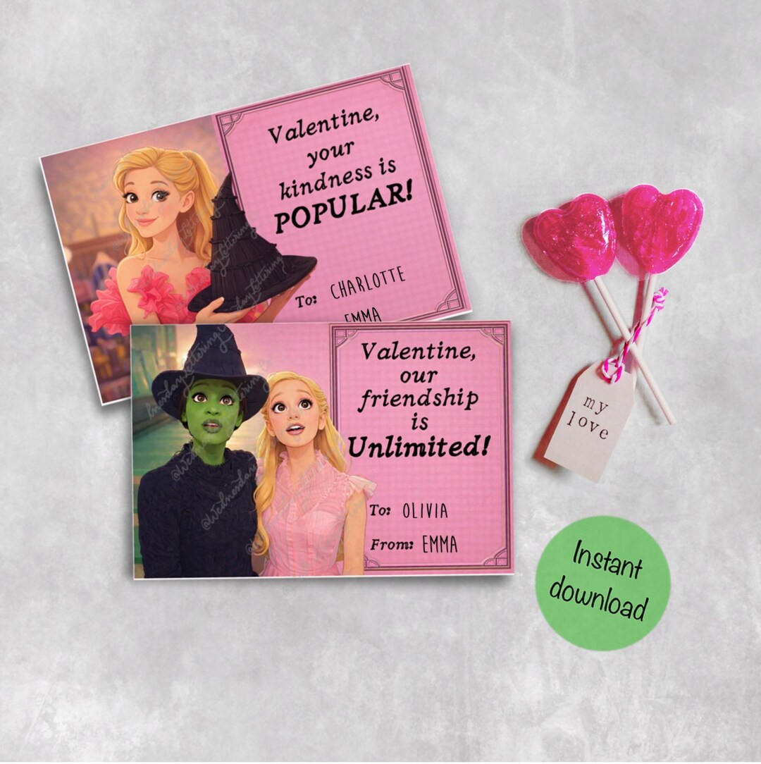 Wicked Valentine’s Day Cards, Printable Glinda and Elphaba Valentines ...