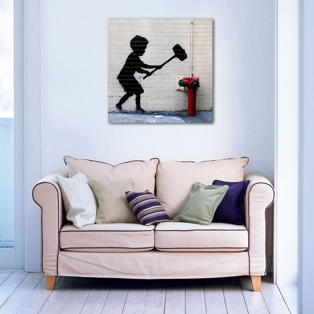 Banksy Graffiti Hammer Boy Metal Poster – Large Square Metal Print Wall ...