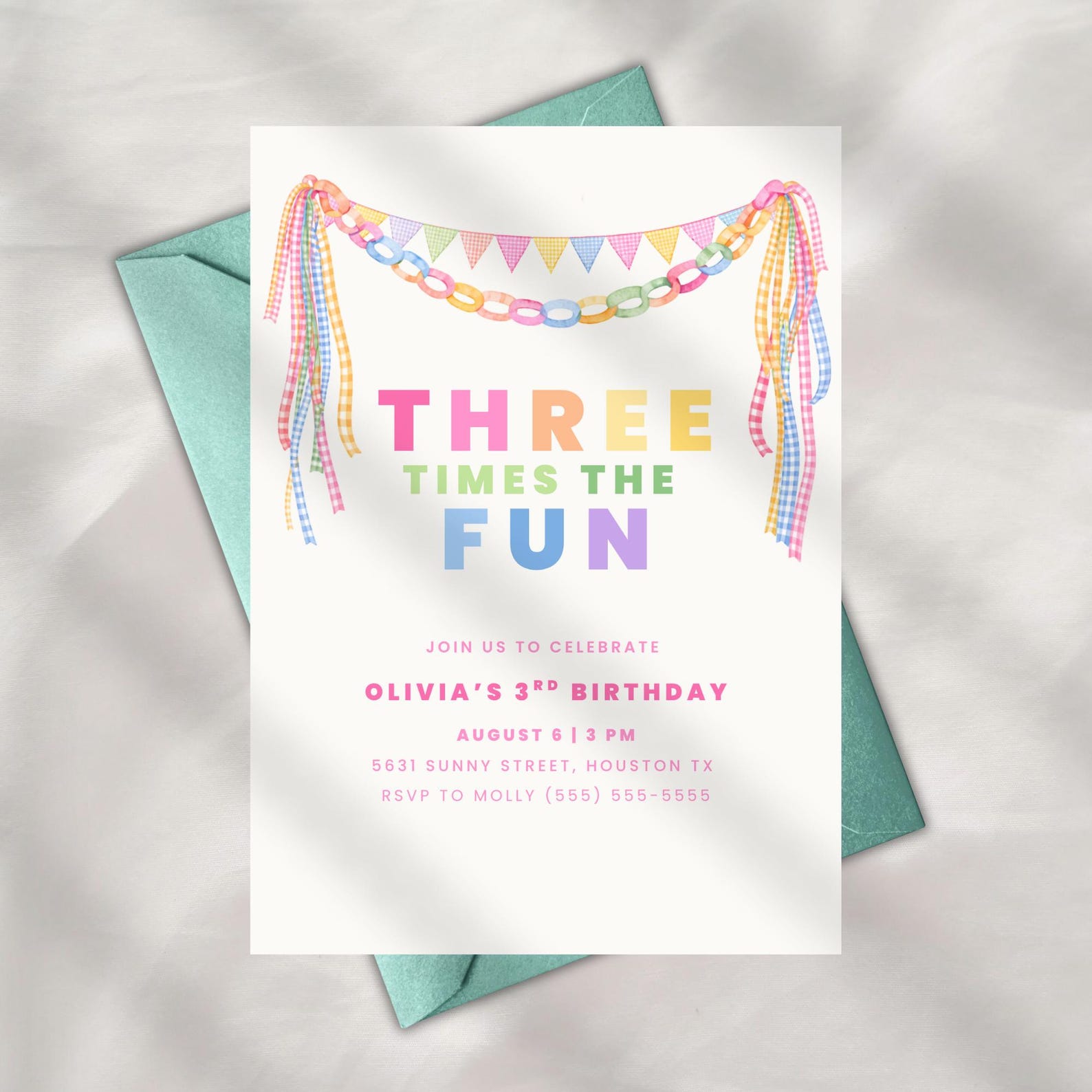 Three Times the Fun Birthday Invitation Template, Colorful Party Banner ...
