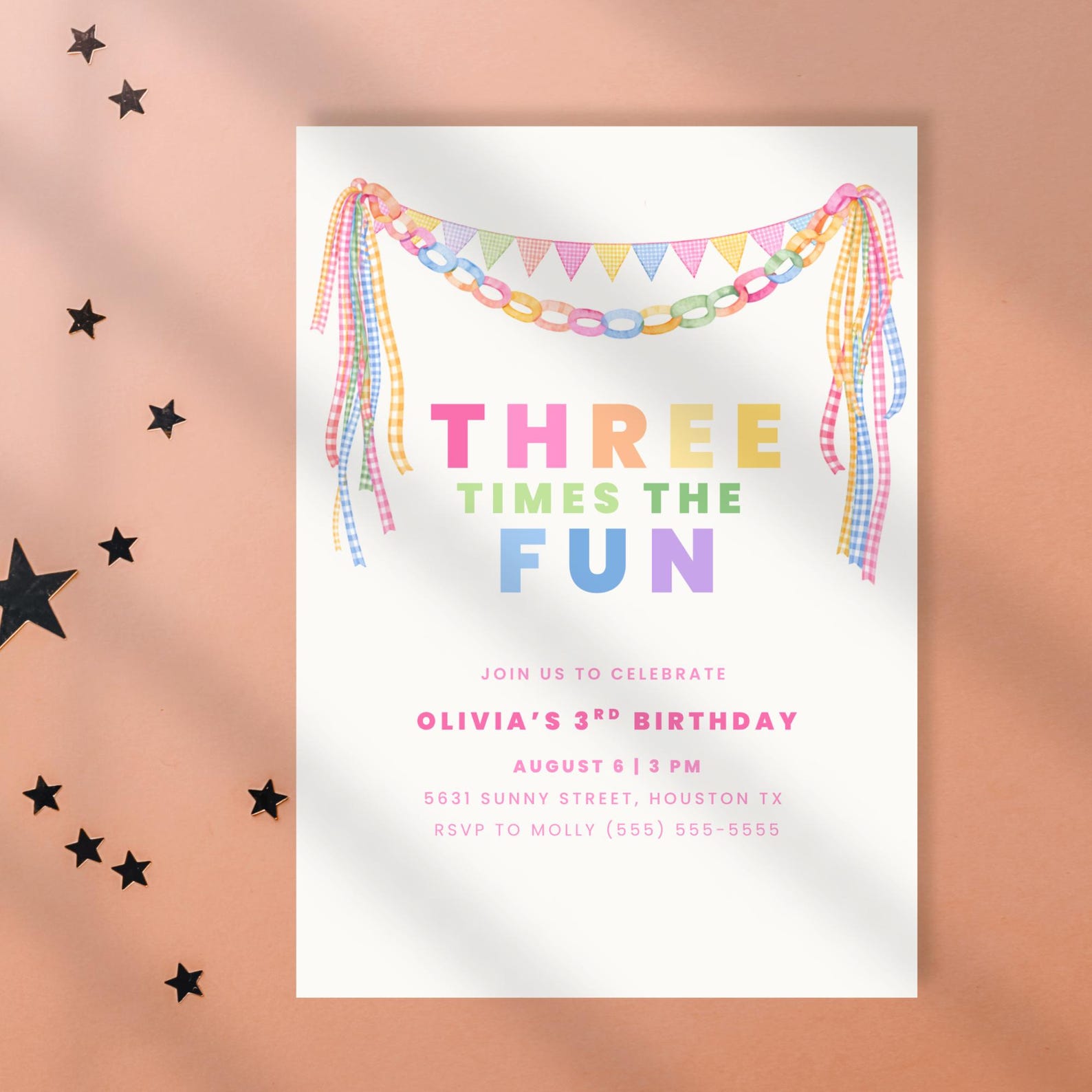 Three Times the Fun Birthday Invitation Template, Colorful Party Banner ...
