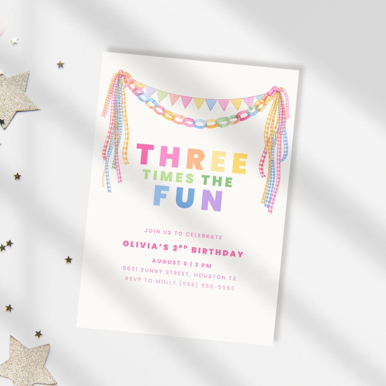 Three Times the Fun Birthday Invitation Template, Colorful Party Banner ...