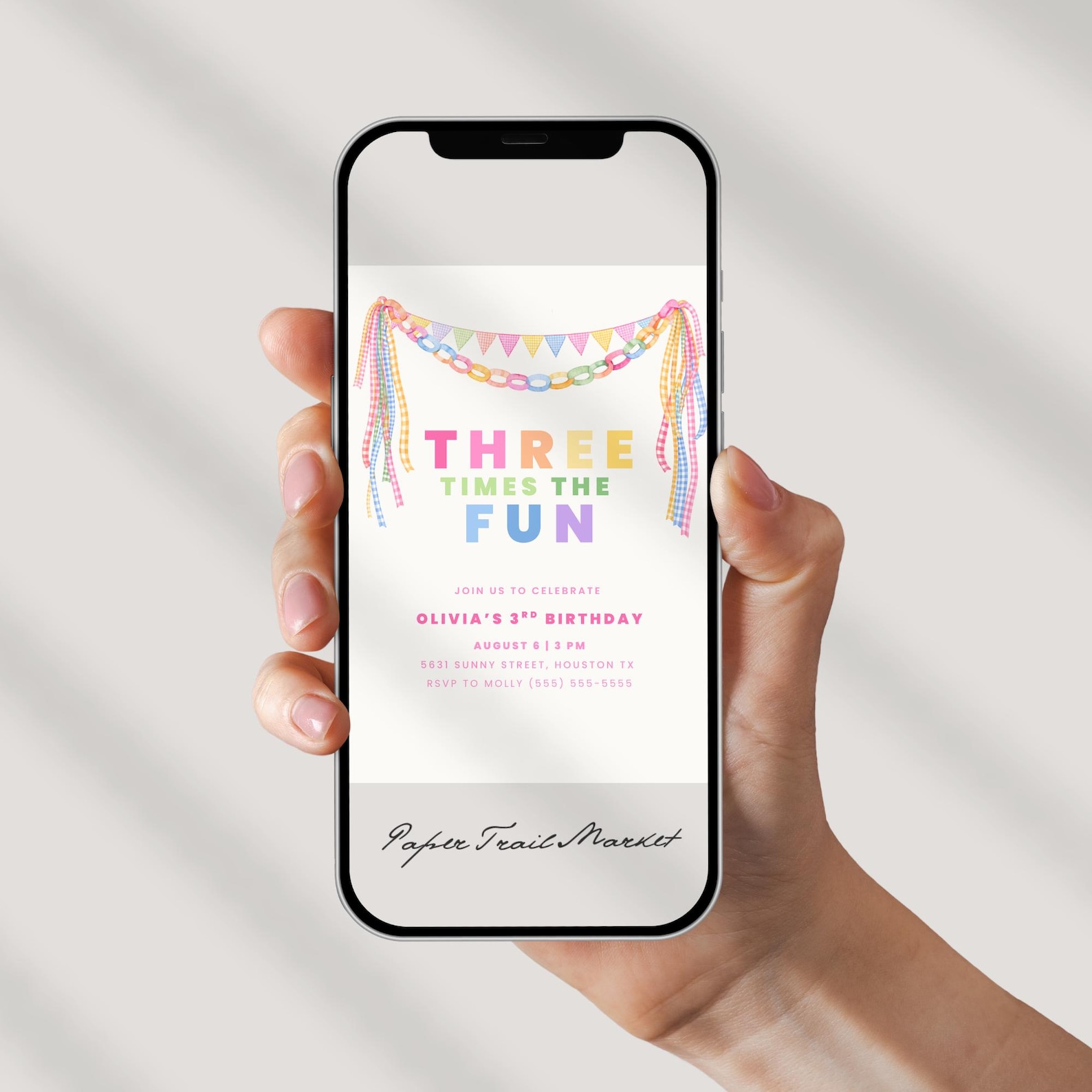 Three Times the Fun Birthday Invitation Template, Colorful Party Banner ...