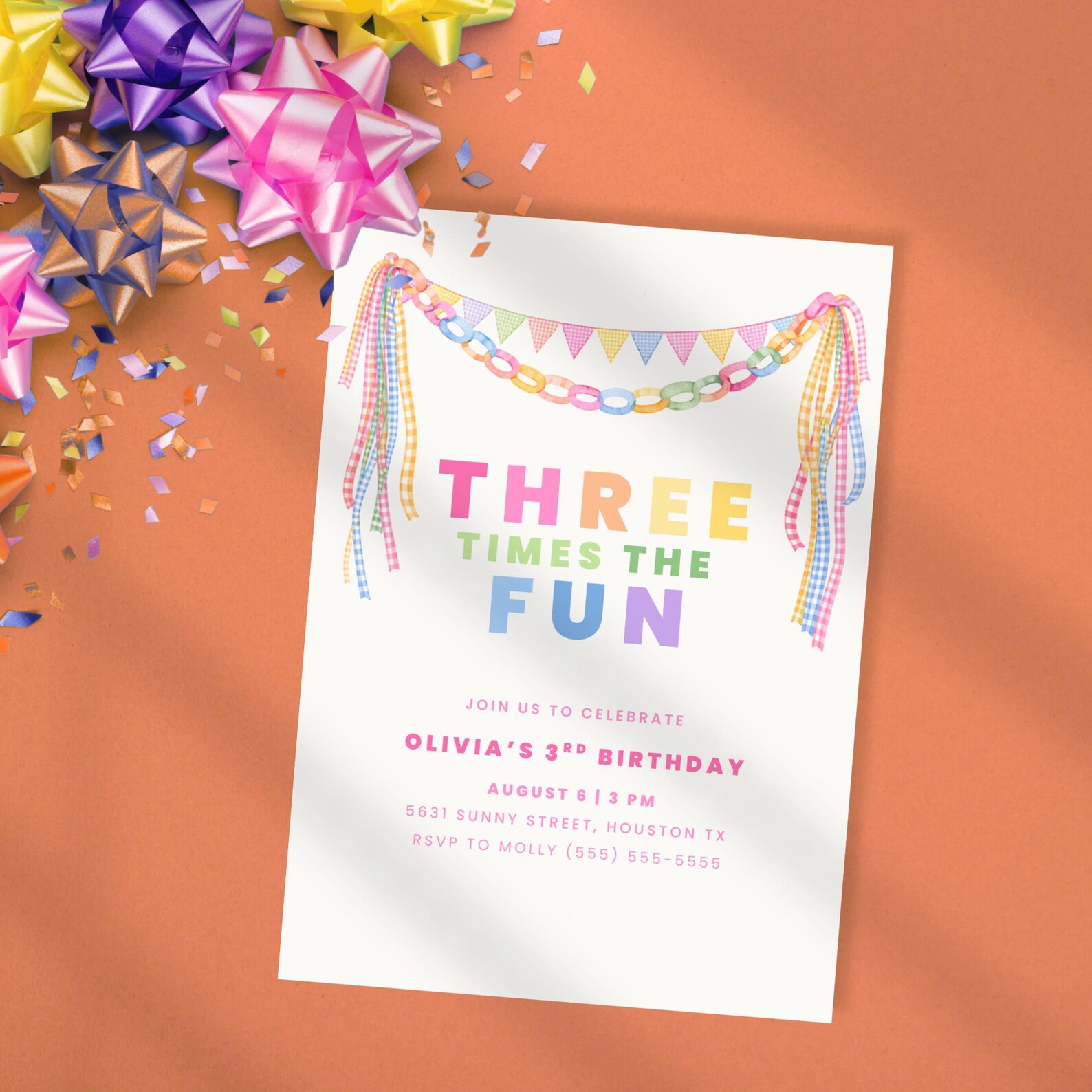Three Times the Fun Birthday Invitation Template, Colorful Party Banner ...