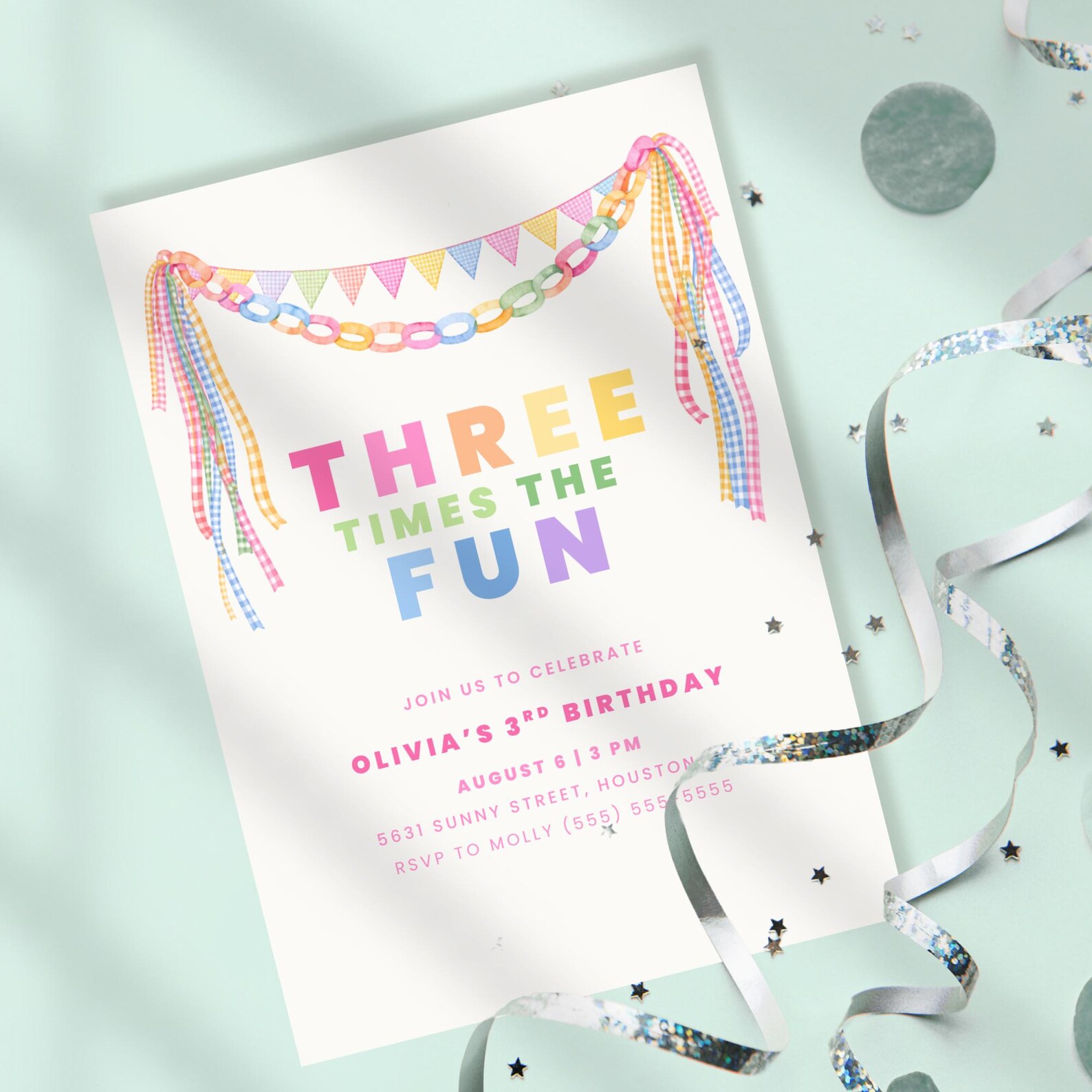 Three Times the Fun Birthday Invitation Template, Colorful Party Banner ...