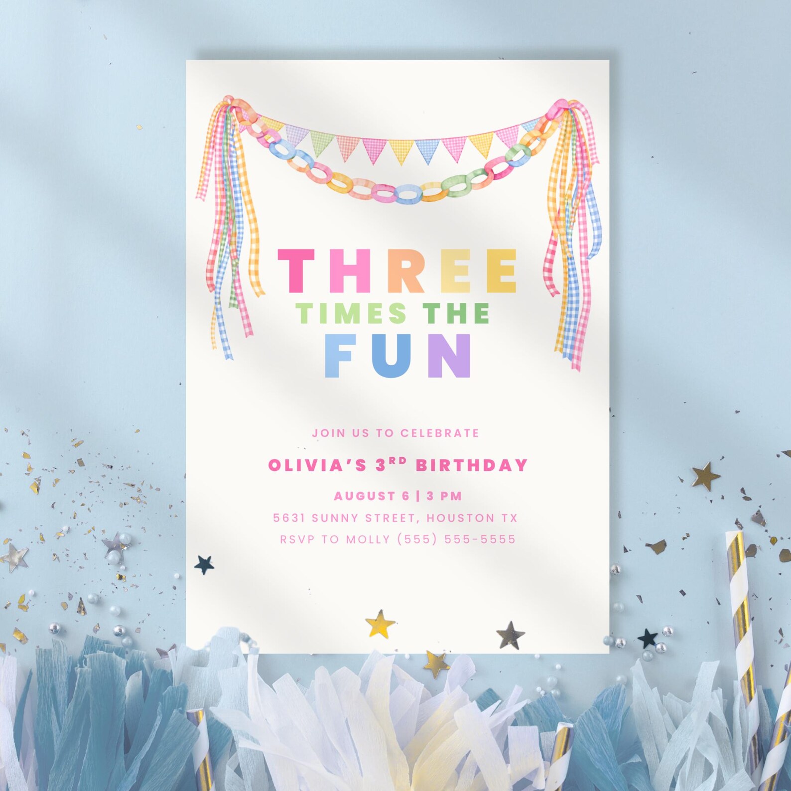 Three Times the Fun Birthday Invitation Template, Colorful Party Banner ...