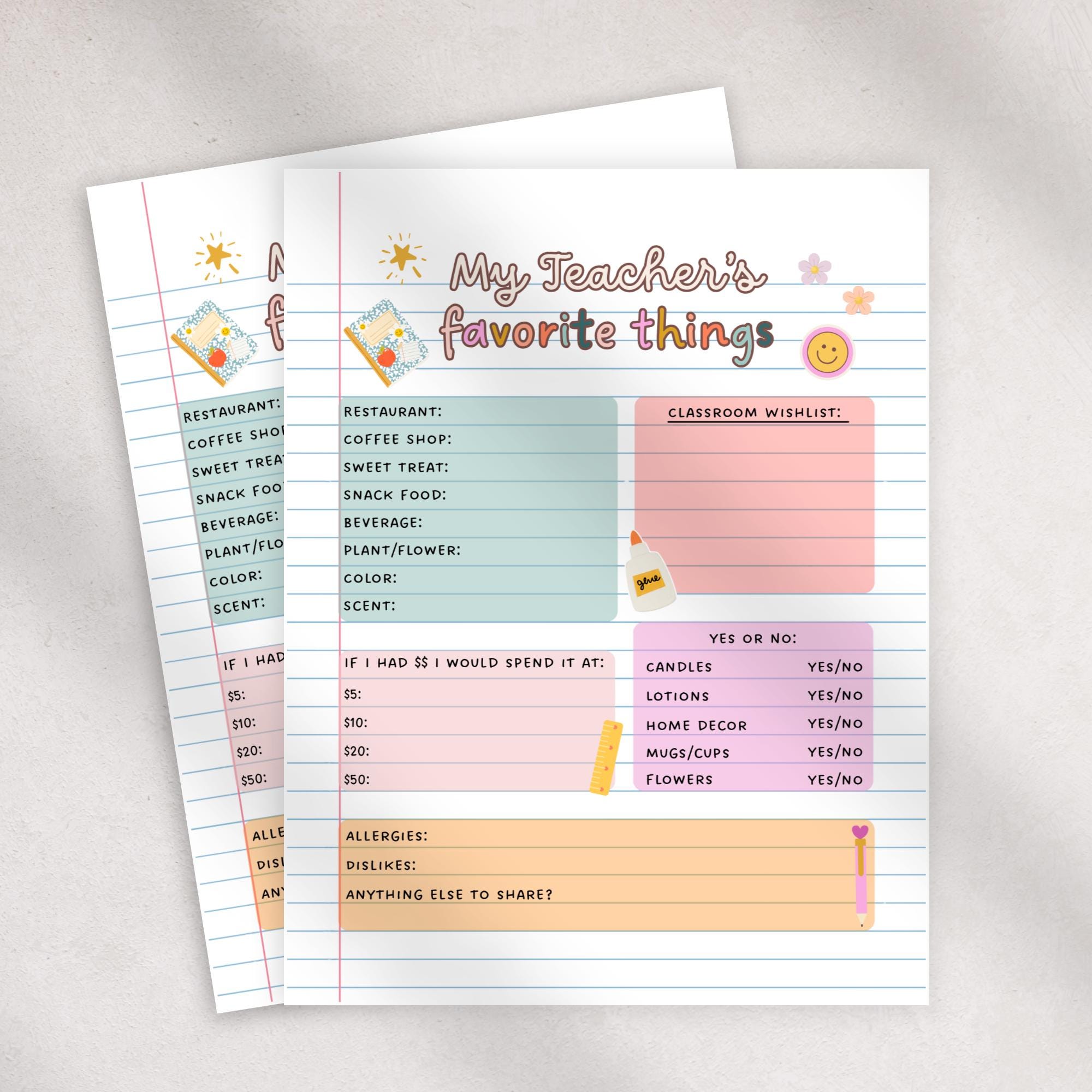 Teacher Favorite Things Printable, Teacher Appreciation Questionnaire ...