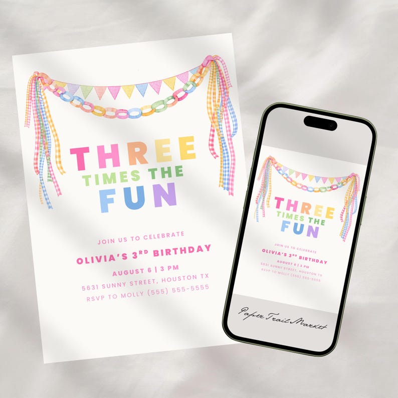 Three Times the Fun Birthday Invitation Template, Colorful Party Banner ...