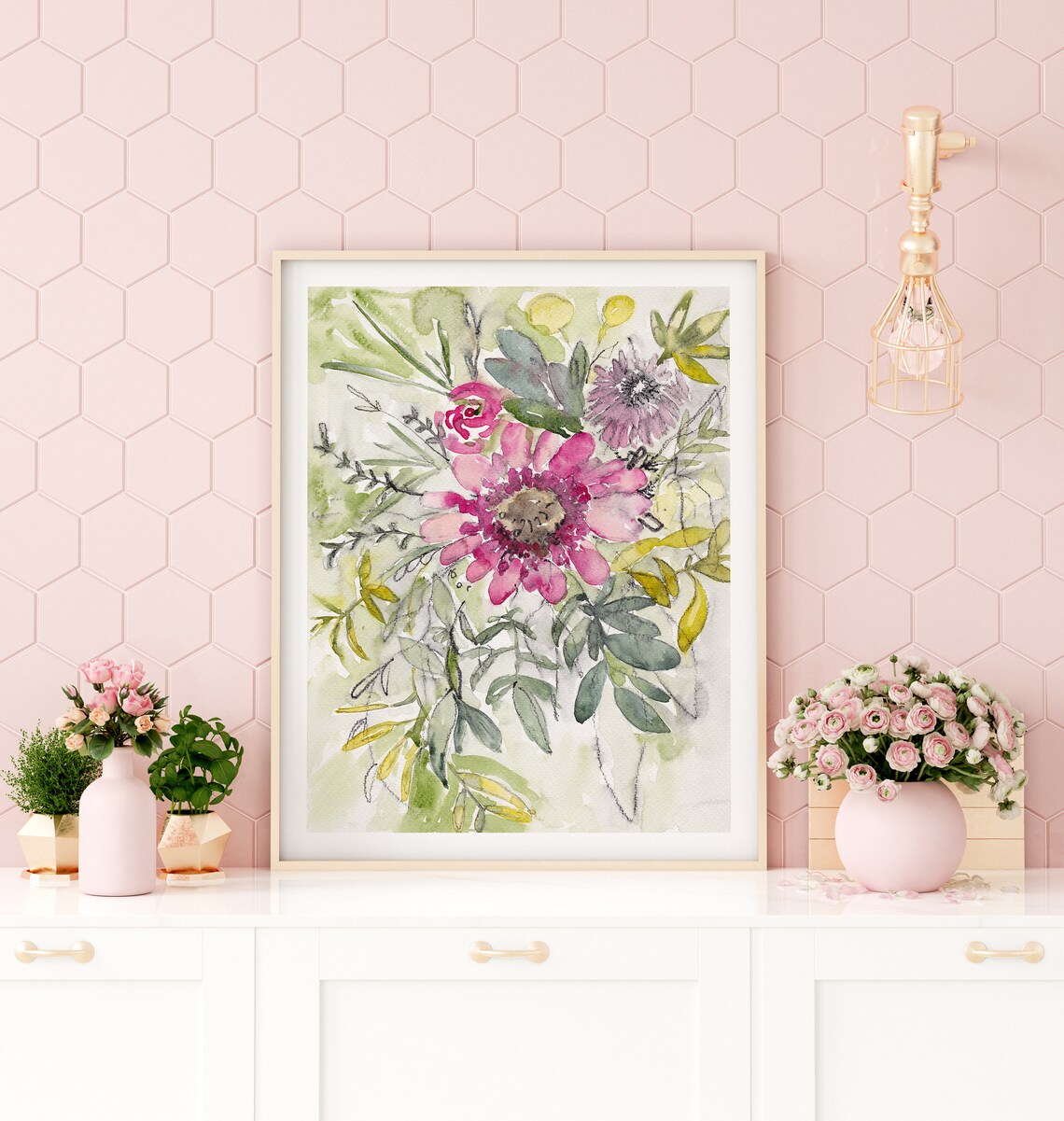 Flowers Print in Watercolor Pink Flowers Floral Wall Art | Etsy