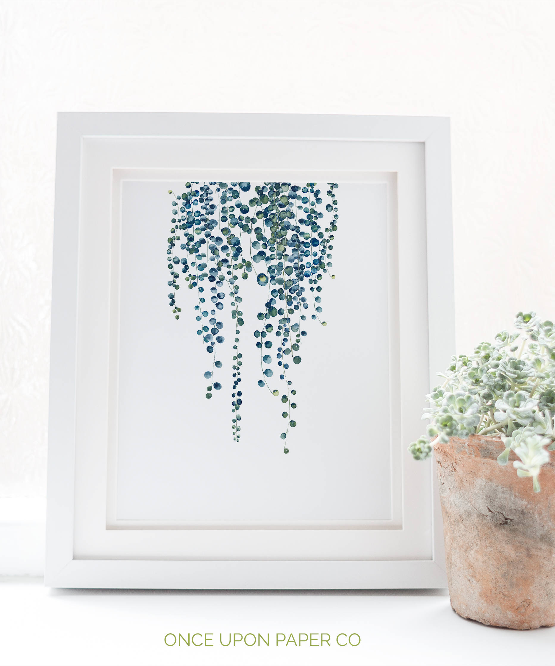 Blue Watercolor print of String of Pearls plant Printable | Etsy