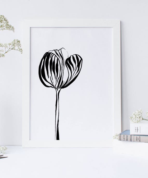 Abstract wall art of tulip flower hand drawn in black ink | Etsy