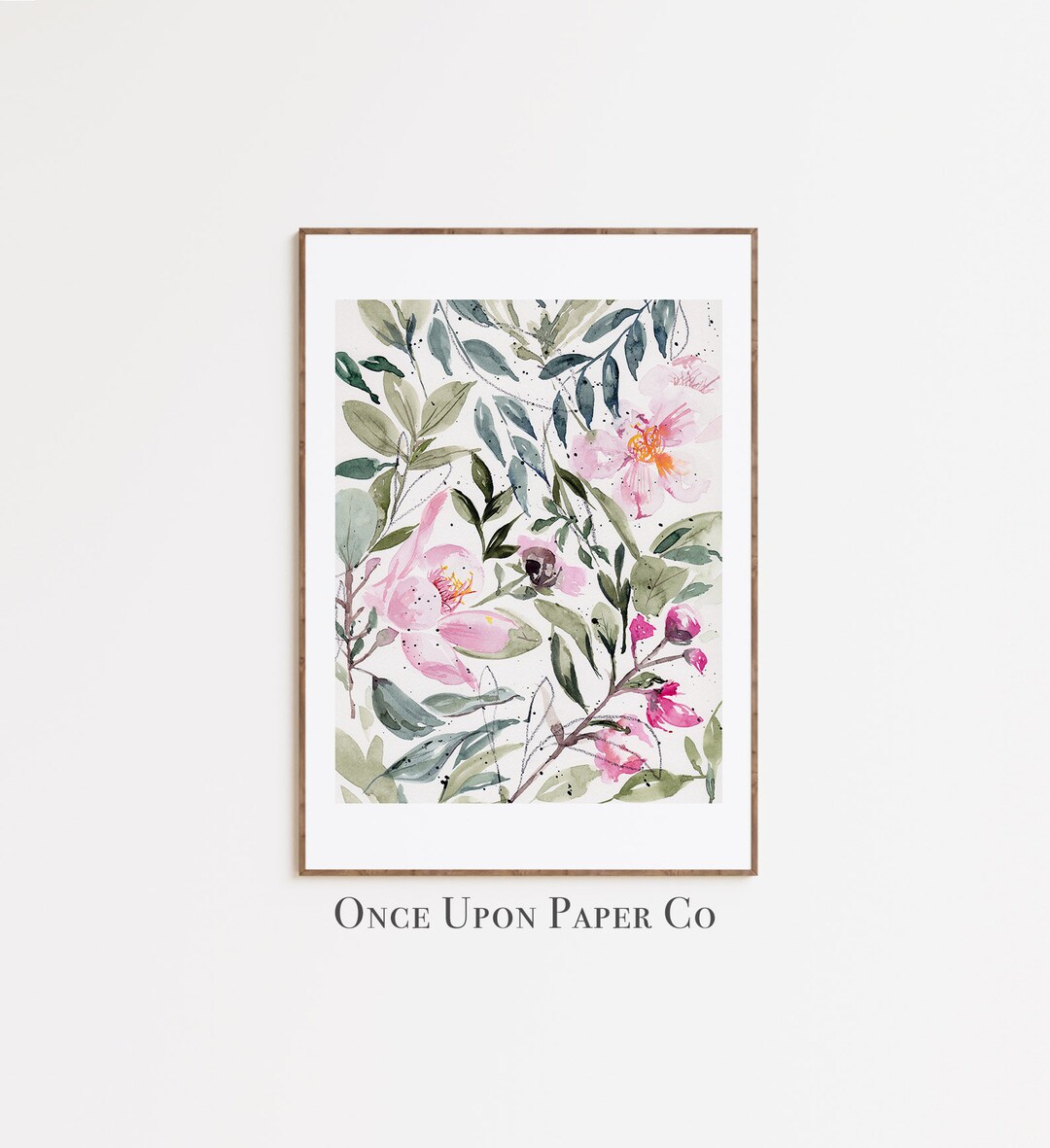 Floral Print of Pink Flowers and Foliage in Watercolor, Flower Print ...
