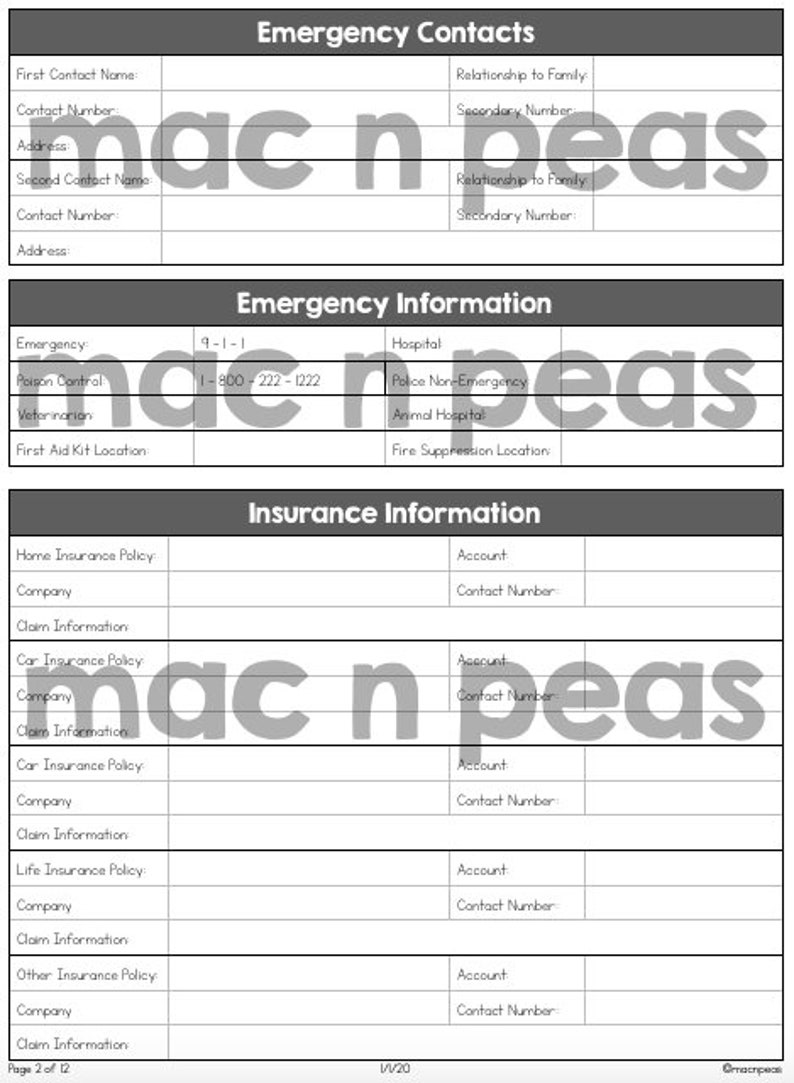 Emergency Information Binder Printable | Household Binder | Financial ...