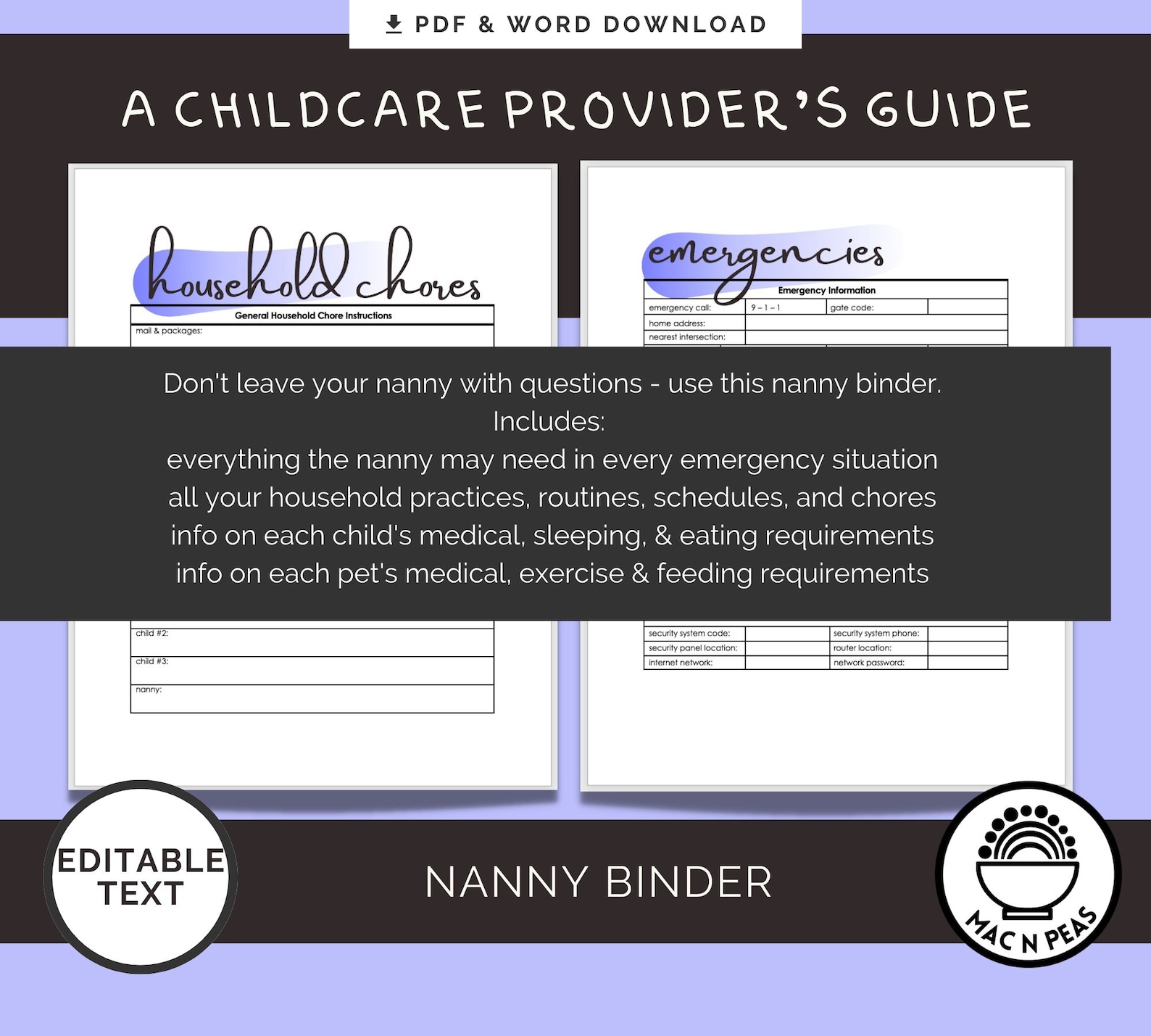 Complete Nanny Information Binder Printable | Emergency Contact Sheet ...