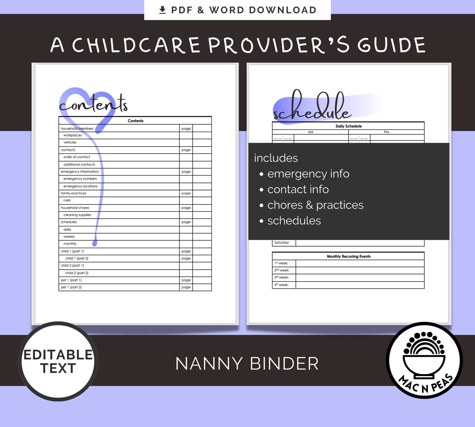 Complete Nanny Information Binder Printable | Emergency Contact Sheet ...