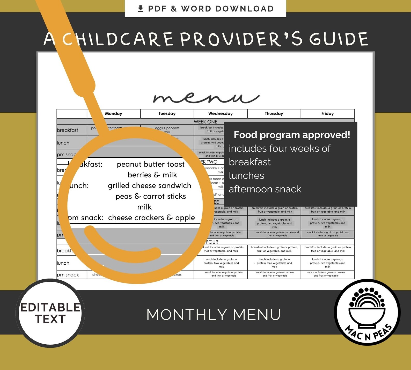 Daycare Menu Bundle under 500/month CACFP Approved A - Etsy