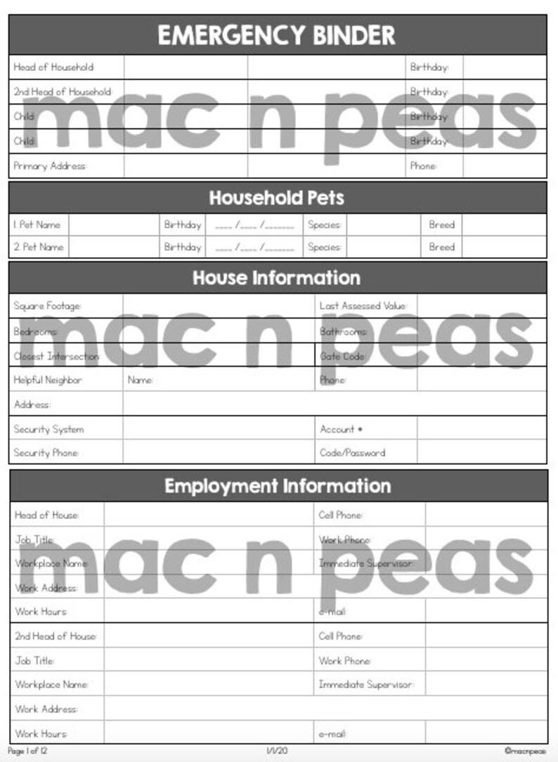 Emergency Information Binder Printable | Household Binder | Financial ...