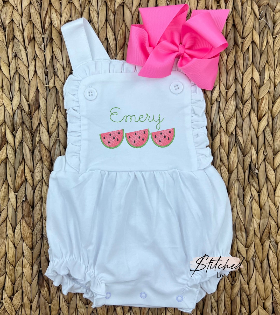 Embroidered Watermelon Trio Personalized White Ruffle Romper, Girls ...