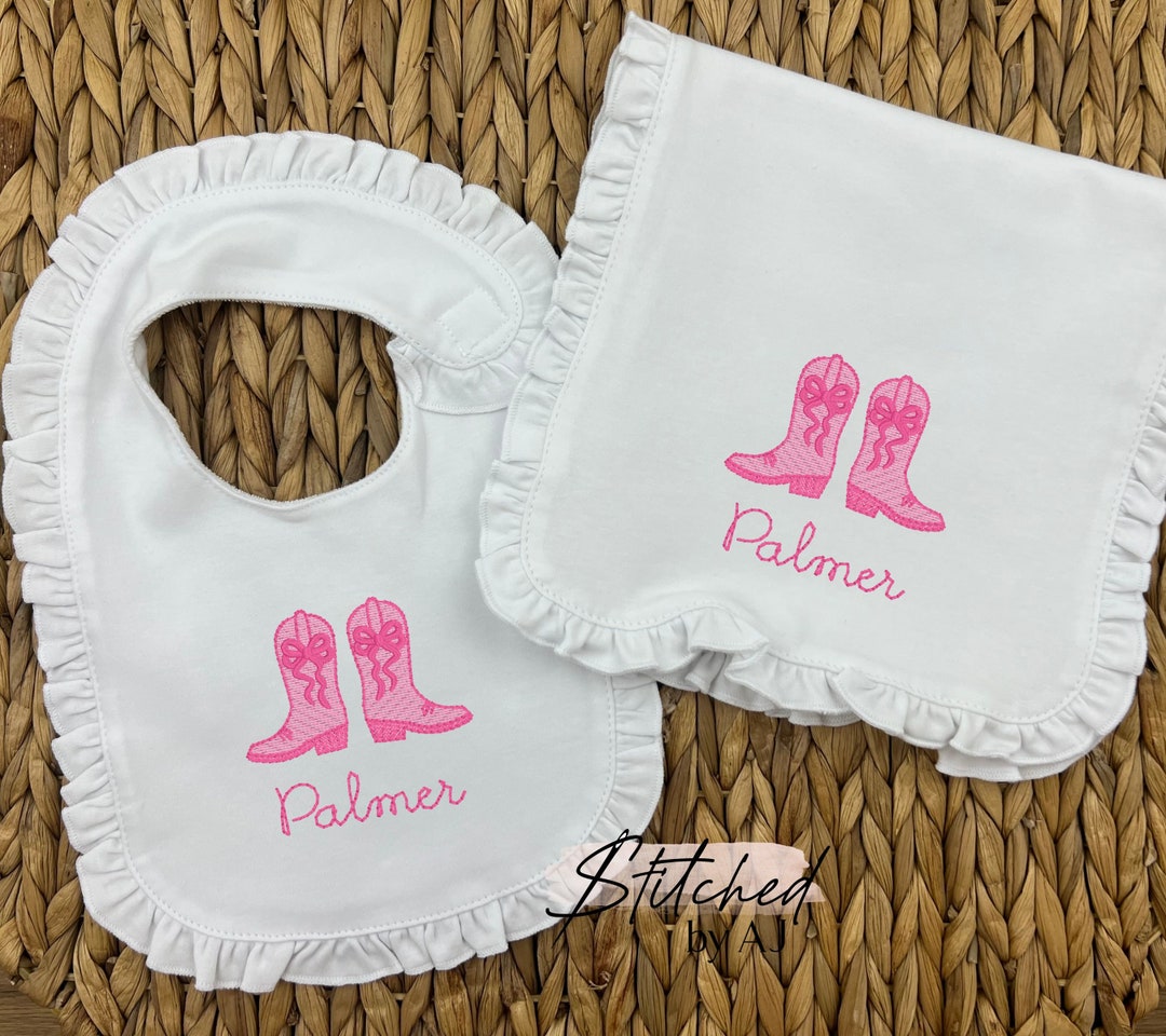 Embroidered Girls Cowgirl Boot Burp Cloth Set, Baby Girl Personalized ...