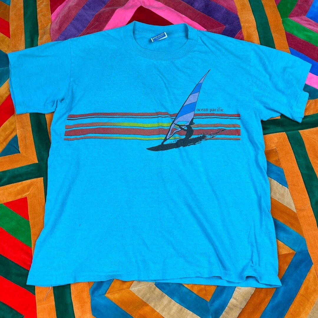 Vintage OP Ocean Pacific 1980s Blue Surfing Surfer T Shirt Single ...