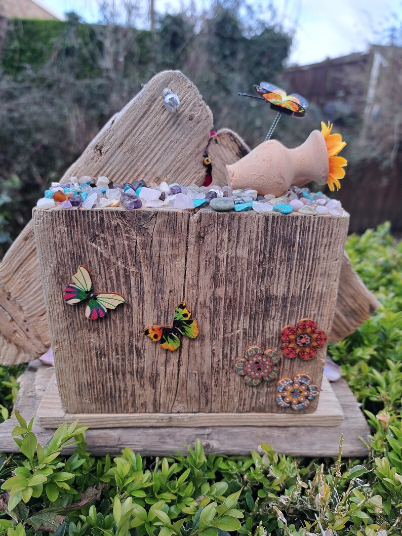Driftwood Fairy House Handmade Crystals Toadstools Butterflies Unique ...