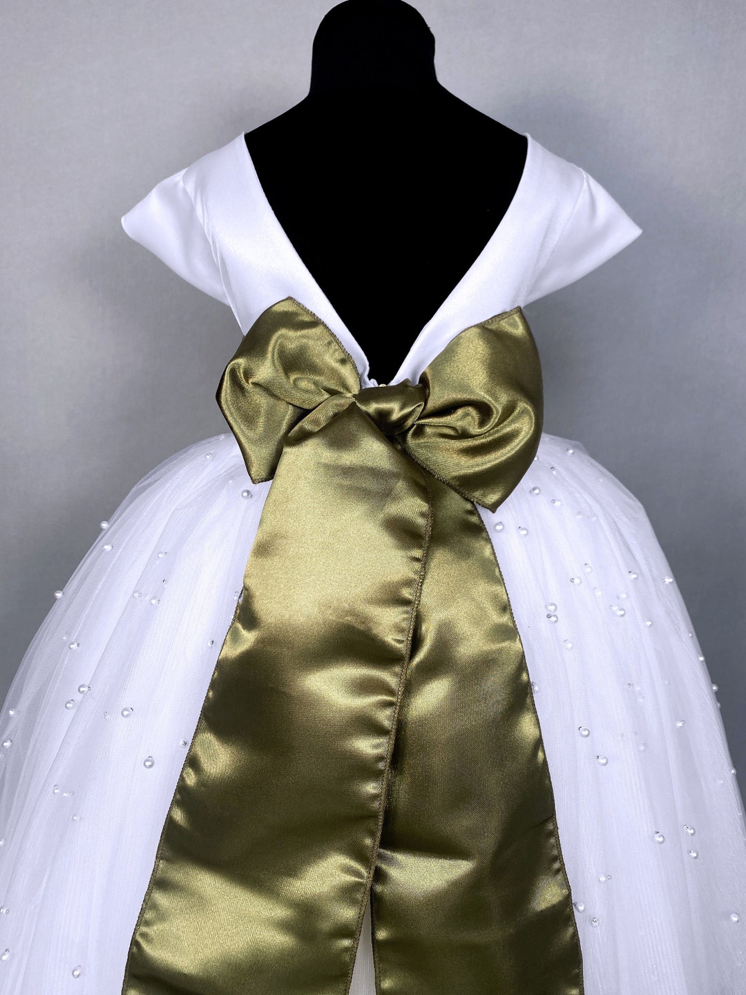 4 Layer Pearl Tulle Olive Sash V-back White Gown Infant Junior Wedding ...