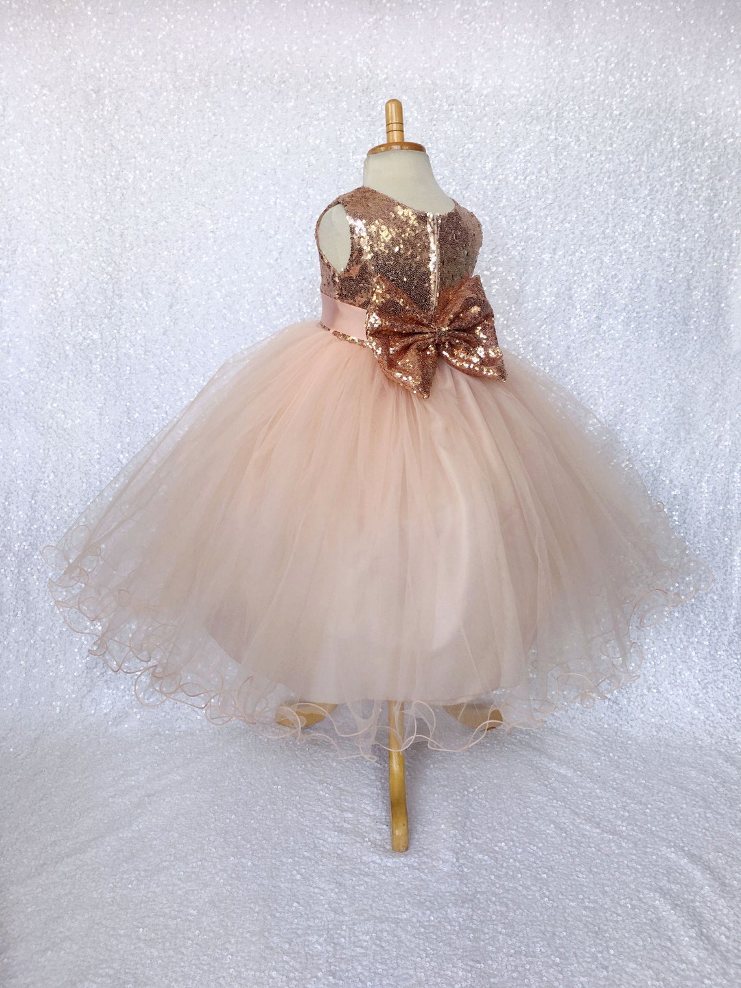 Sleeveless Rose Gold Sequence Bow Flower Girl Wedding Birthday Pageant ...