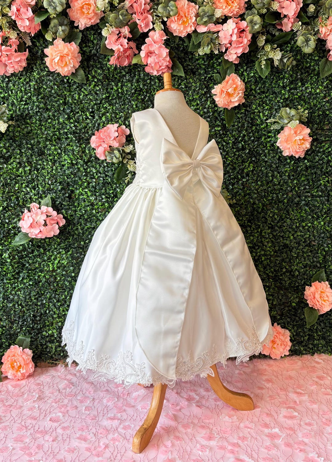 Flower Girl Ivory Satin Appliqué Communion Baptism Ankle Length Infant ...
